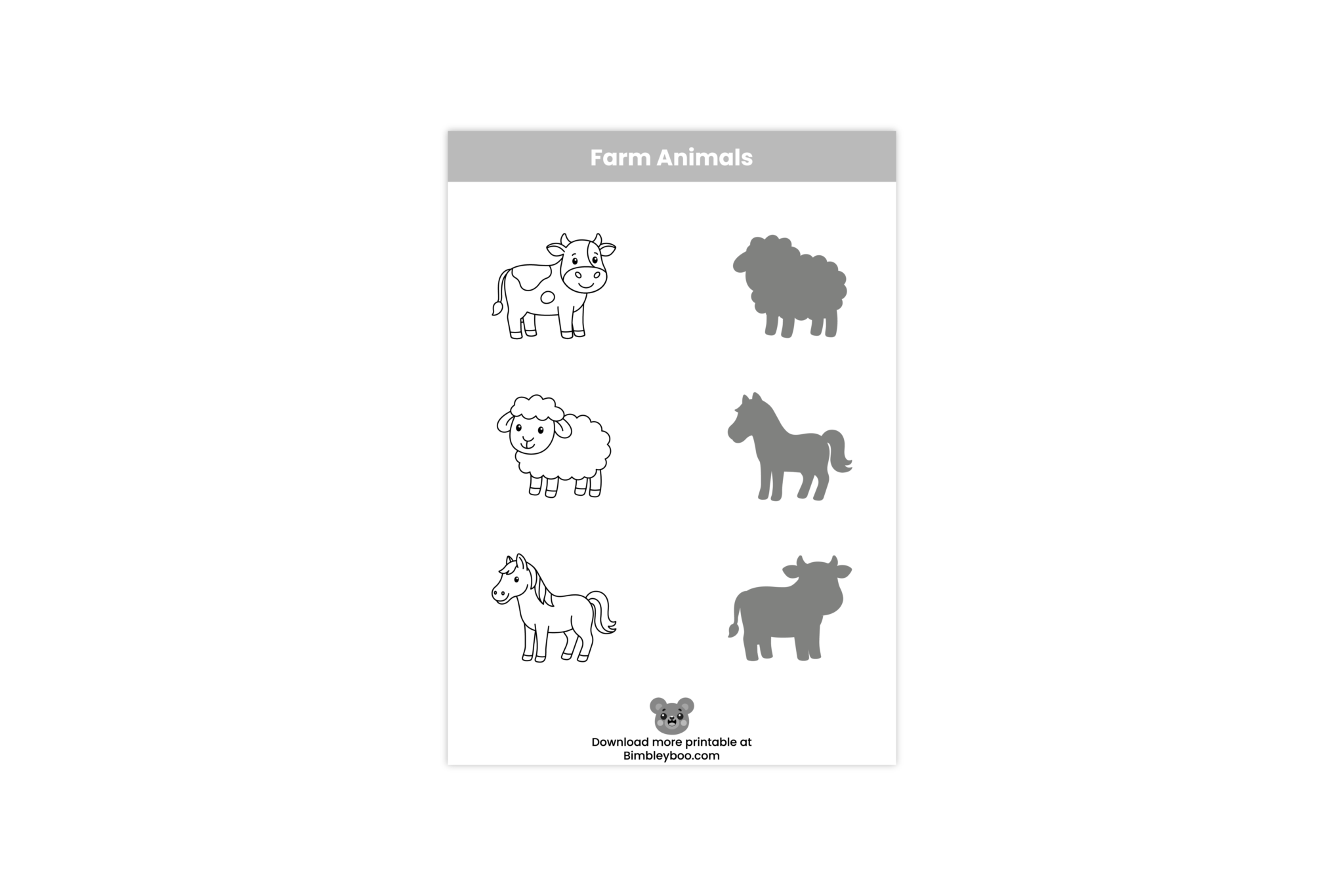 Bimbleyboo - Farm Animals Matching & Coloring Worksheet for Kids - Free ...