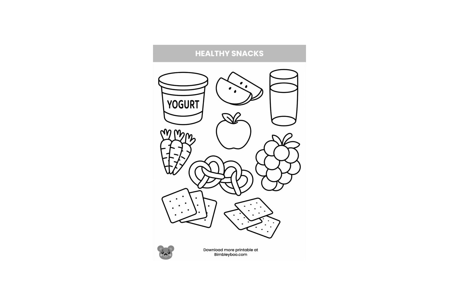 Bimbleyboo - Healthy Snacks Coloring Page for Kids - Printable Worksheet