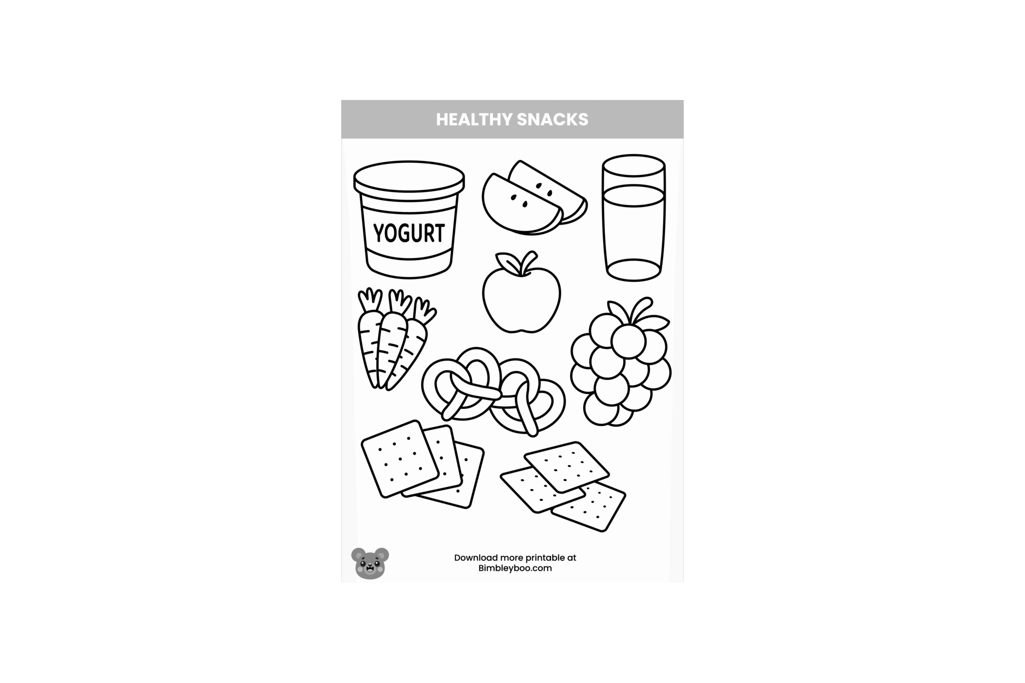 Bimbleyboo - Healthy Snacks Coloring Page for Kids - Printable Worksheet