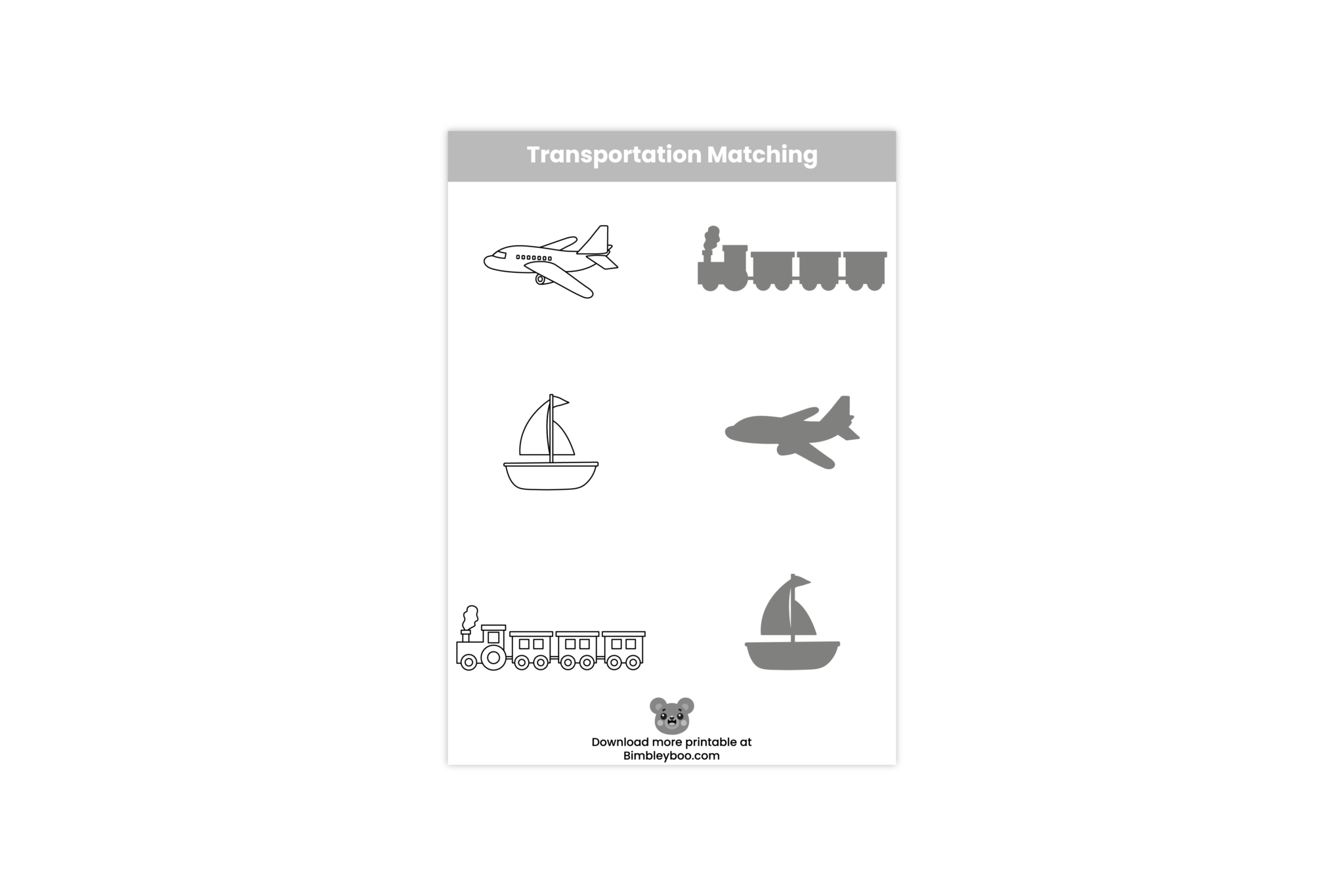 Bimbleyboo - Transportation Matching Worksheet for Kids - Airplane ...